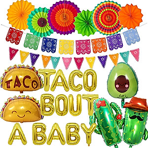 26 PCS Taco Bout a Baby Decoration, Fiesta Baby Shower Decorations Include Taco Bout a Baby Balloons Paper Fans Fiesta Banner Cactus Avocado Foil Balloons for Taco Bout a Baby Shower Decorations
