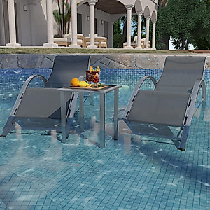 Patio Chaise Lounge Set of 3, Outdoor Pool Lounge Chair Beach Sunbathing Lawn Lounger Recliner Chair, Backrest Tanning Chairs with Arm & Side Table for All Weather, Poolside, Deck, Balcony, Backyard