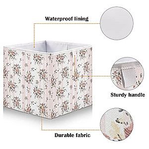 Kigai Beautiful Flowers Floral Bouquet Pink and White Stripes Foldable Storage Bins Cube, Closet Storage Baskets for Shelves Storage Box Open Storage Bins or Nursery Shelf, Closet, Office 11x11x11in