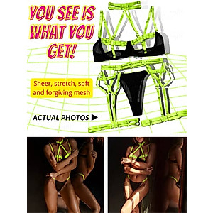 Kaei&Shi Garter Lingerie For Women,Glow In The Dark Blacklight Strappy Underwire Choker Sexy Lingerie,Adjustable Straps Sheer Thong Belt Matching 4 Piece Lingerie Set Boudoir Neon Green Medium
