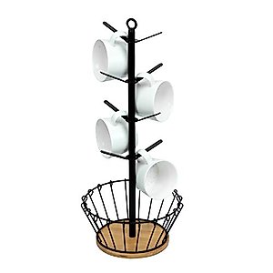 simesove Drying Storage Rack Holder Home Storage Mug Hooks Multipurpose Display Stand Metal Tree Shape Mug Coffee Cups Stand with 8 Hooks-Bamboo Base with Coffee Basket