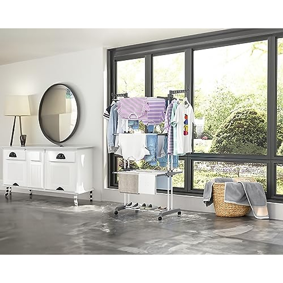 ULTRALED Clothes Drying Rack,3 Tier Rolling Dryer Clothes Hanger,Collapsible Garment Laundry Rack with Foldable Wings and Casters Indoor/Outdoor,Large Standing Rack Stainless Steel Hanging Rods