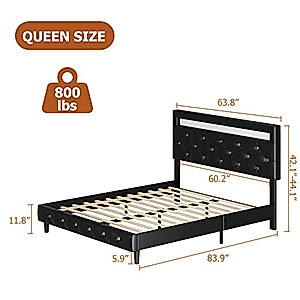 Modern Upholstered Platform Bed Frame with LED Headboard, Faux Leather Low Profile Platform Bed Frame, Strong Wood Slat Support, Adjustable Upholstered Headboard, Easy Assembly, Black, Queen Size
