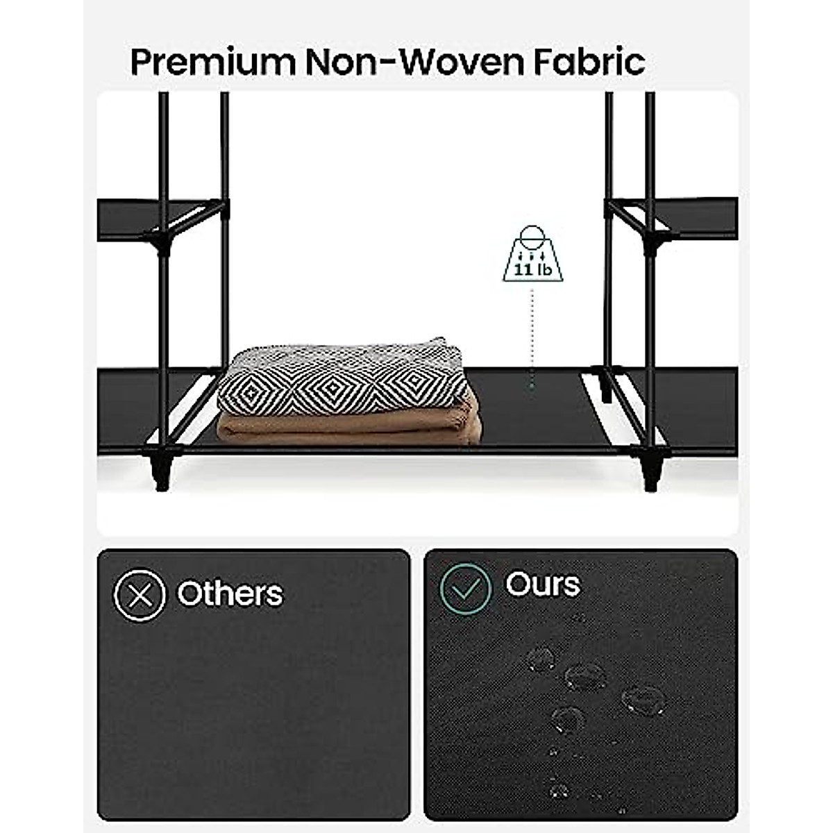Hzuaneri Closet Wardrobe, 64.5-inch Portable Closet for Bedroom, 3 Clothes Rail Clothes Rail with Fabric Cover, Clothes Storage Organizer, 64.5 x 17.3 x 70 Inches, 9 Compartments, Black WO0203BC