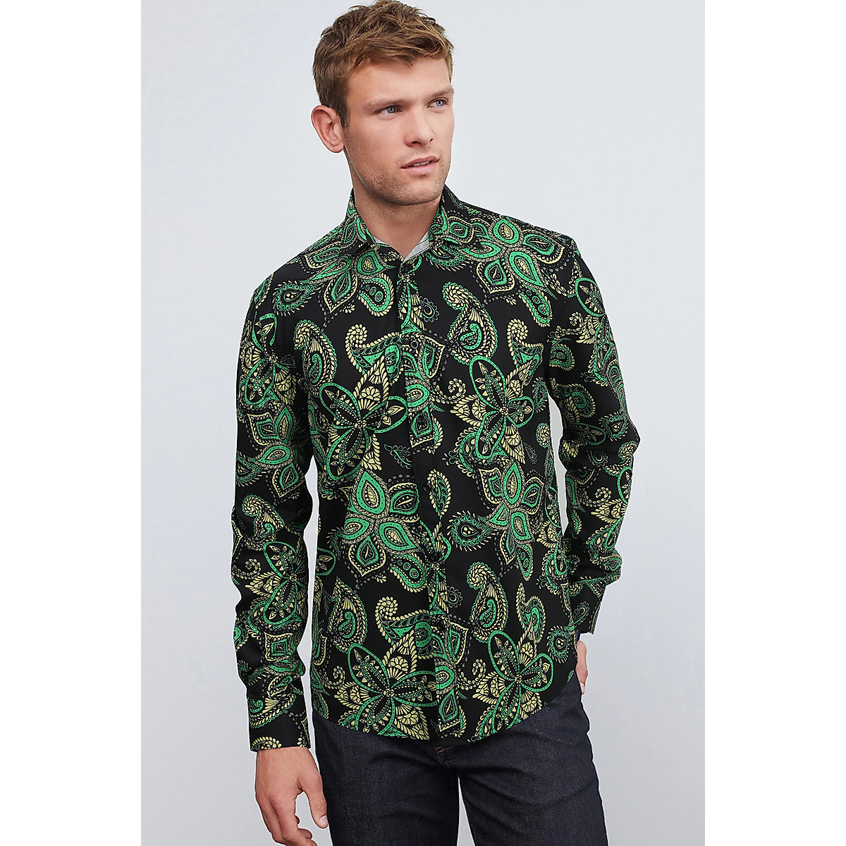 HISDERN Mens Green Paisley Floral Shirt Casual Long Sleeve Vintage Black Flowered Printed Shirts 70s Slim Fit Party Button Down Dress Shirts