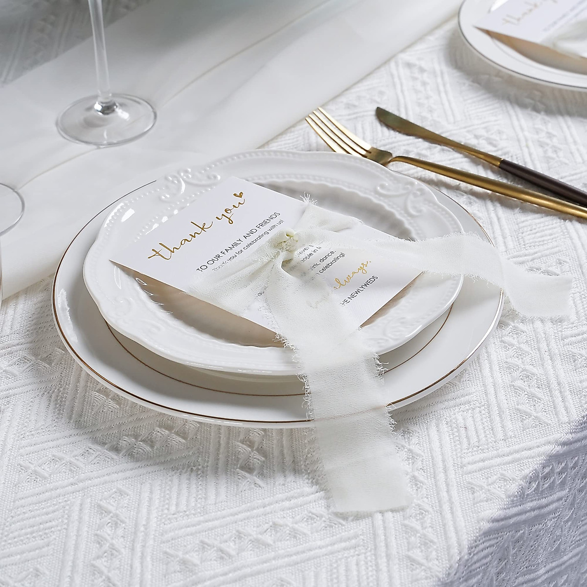 HUIHUANG Wedding Thank You Place Setting Cards with Ivory Chiffon Ribbon, for Weddings Favors, Receptions, Parties, Events and Celebrations-Pack of 50, 4 x 6 inch, Add to Your Table Centerpieces