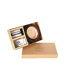 Masonic Men’s Belt - Leather Reversible Belt with Black & Tan Color Options - 2 Buckles for Every Occasion (Freemasonry Symbol & Mason Lettering) - Waist Size 42” & Under - Casual/Formal Men’s Belt