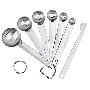 Upgrade Stainless Steel Measuring Spoons Set, Small Tablespoon, Teaspoons, Set 6 with Bonus Leveler, Etched Markings and Removable Clasp for Dry and Liquid, Fits in Spice Jars