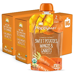 Happy Baby Organics Clearly Crafted Stage 2 Baby Food, Sweet Potatoes, Mangoes & Carrots, 4 Ounce Pouch (Pack of 16)