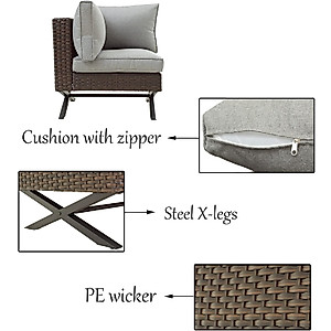 LOKATSE HOME Rattan Corner Sofa X Shape Leg Outdoor Furniture Right-arm Chair with Cushions for Garden, Pool, Backyard, Brown