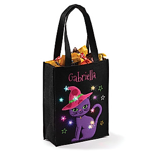 Personalized Planet LED Happy Purple Cat Halloween Light Up Trick or Treat Bag | Custom Name Embroidered on Black Candy Basket for Kids | Costume Accessory