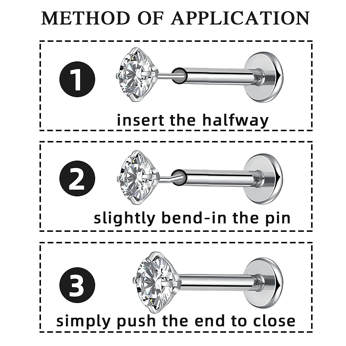 10Pcs 16G 18G 20G Threadless Push in Lip Rings Studs, CZ Lip Studs Stainless Steel Cartilage Earrings for Women, Stainless Steel, cubic zirconia