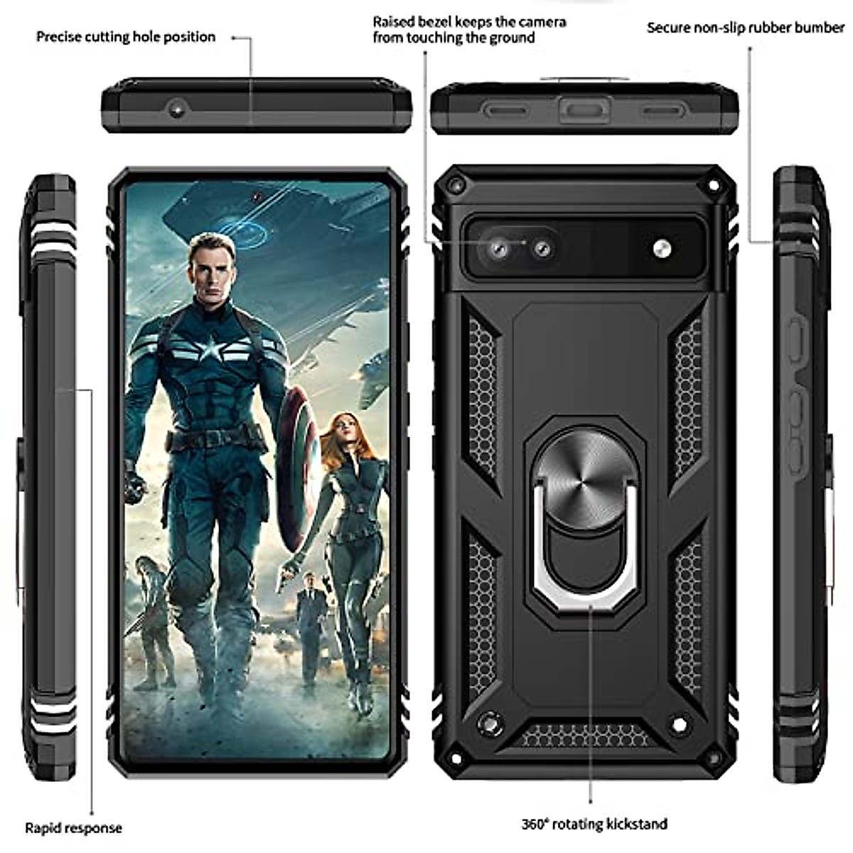 LeYi for Pixel 6A Case with Kickstand, Heavy Duty Google Pixel 6A Case (NOT FIT 6/6 Pro) with [2 Pack] Camera Protector, Military-Grade Rugged Phone Case with Magnetic Ring for Pixel 6A, Black