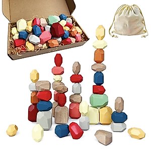 Celarlo 42 Pieces Wooden Sorting Stacking Balancing Stone Rocks Games, Wood Building Blocks Set, Educational Preschool Learning Toys, Lightweight Puzzle Set Gift for Kids