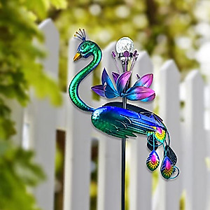 Solar Peacock Wind Spinner, Flower Wind Spinners, Peacock Statue Metal Kinetic Wind Sculpture for Outdoor Yard Patio Garden Decorations-47inch