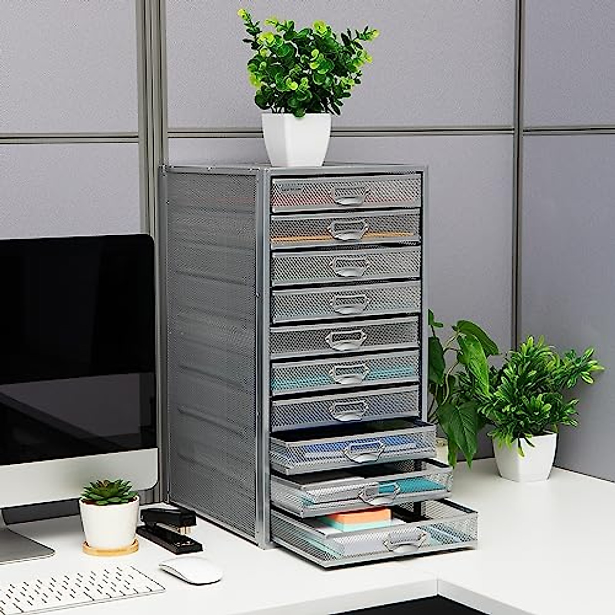 Mind Reader Network Collection, 10-Drawer File Storage, Desk Organizer, Label Frame on Each Drawer, Metal Mesh, Multi-Purpose, Silver