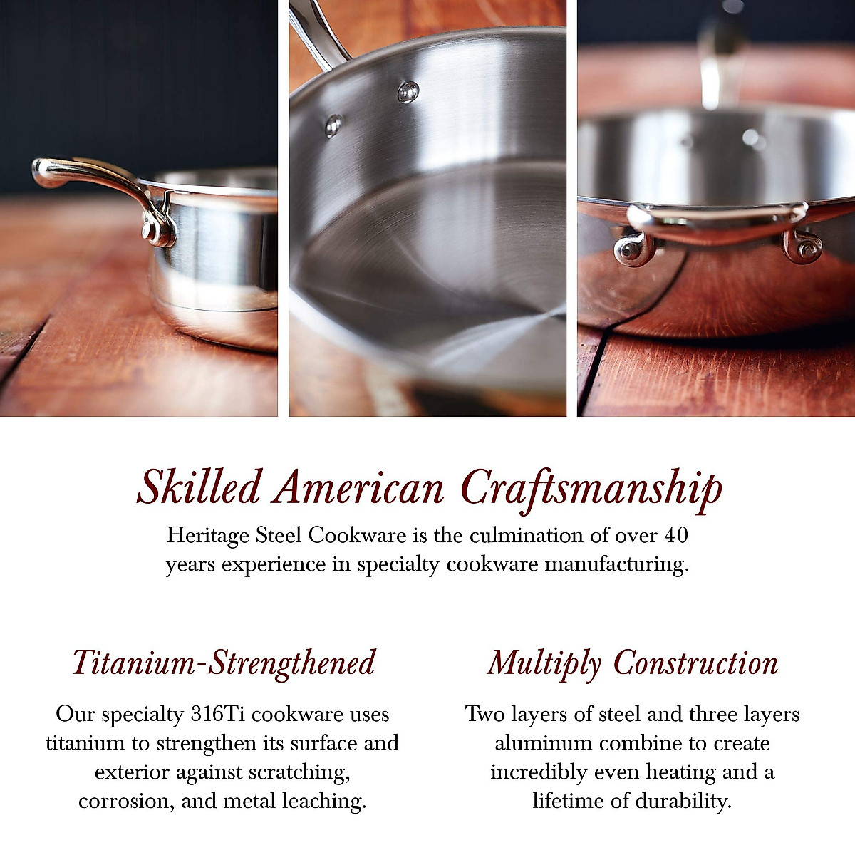 Heritage Steel 4 Quart Sauté Pan with Lid - Titanium Strengthened 316Ti Stainless Steel with 5-Ply Construction - Induction-Ready and Fully Clad, Made in USA