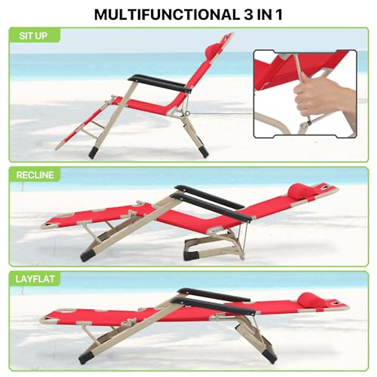 Magshion Folding Reclining 3-Position Patio Chairs Outdoor Chaise Lounge Chairs Patio Furniture Folding Portable Outside Recliner Chair for Poolside Backyard and Beach, 300 lbs (Red)