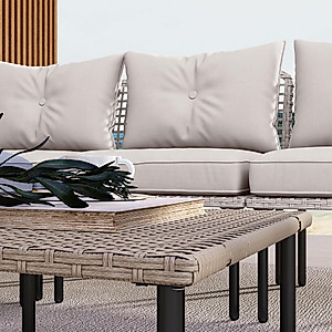 Outsunny 5 Piece Patio Furniture Set, Outdoor Conversation Set with L-Shaped Sofa, Cushions, for Backyard, Lawn and Pool, Cream White