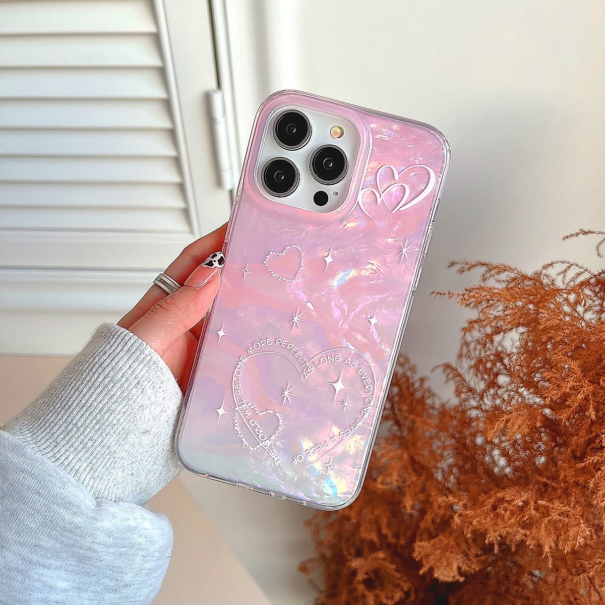 YeLoveHaw Designed for iPhone 14 Pro Case for Women Girls, Glitter Pink Purple Colorful Pearly-Lustre Shell, Cute Heart-Shaped Pattern, Slim Hard Protective Cover for iPhone 14Pro 6.1''(White Heart)
