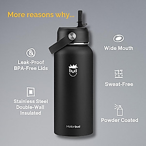Motionbud 32 Oz. Water Bottle | Stainless Steel, Vacuum Insulated, Leak Proof Water Bottles | Wide Mouth, 3 Lids (Chug, Flip & Straw Lid) | Black