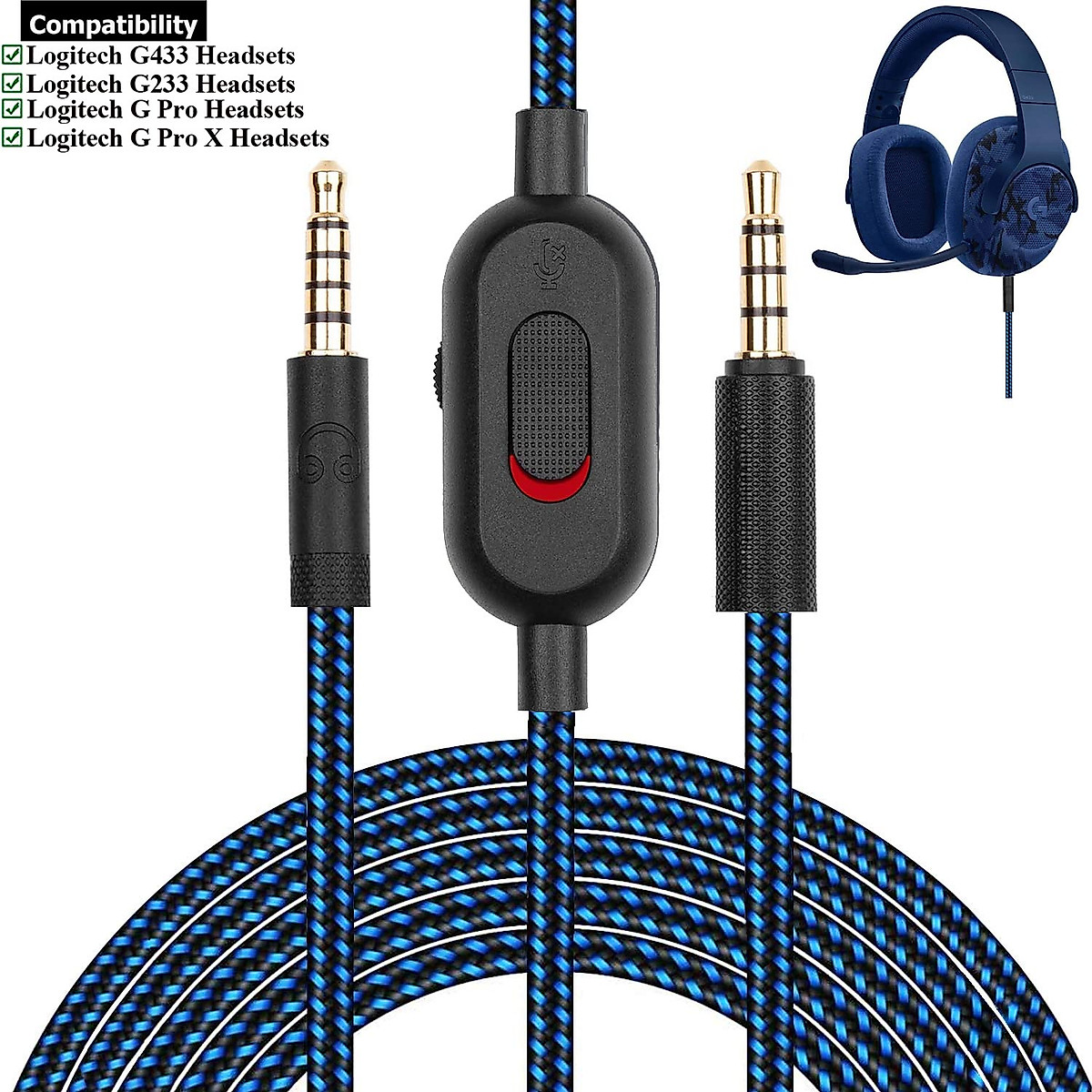 G433 Cable, Braided Replacement Extension Cord with Mic Mute Volume Control Clip for Logitech G433 G233 G Pro X Gaming Headset - Blue