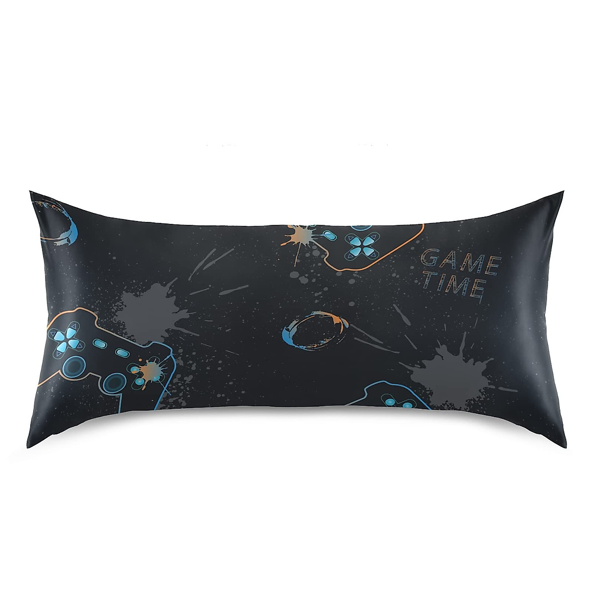 Oyihfvs Seamless Video Game Gamepad Joysticks in Black Blue Neon on Black Silky Satin Pillowcase for Hair and Skin, Soft Bed Pillow Cover, Decorative Silk Pillow Cases, Standard Size 20x26 inches