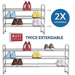 Tatkraft Maestro Heavy Duty 3 Tier Shoe Rack, Expandable Entryway Shoe Organizer, Easy to Assemble, Chrome Plated Steel