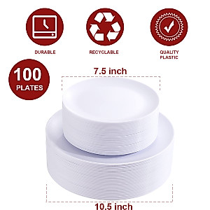 PULOTE 100PCS White Plastic Plates-Premium Quality Heavyweight White Disposable Plates including 50 White Dinner Plates, 50 White Dessert/Salad Plates,for Wedding&Party