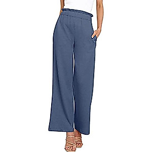 EVALESS Wide Leg Pants for Women Casual Loose Elastic High Waisted Waffle Knit Work Lounge Palazzo Dress Pants Trousers with Pockets Blue X-Large