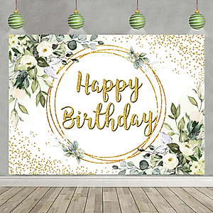 Green Happy Birthday Backdrop Greenery Succulent and Gold Eucalyptus Green Leaves Photography Background Jungle Boys Girl Women Baby Shower Birthday Party Decor Banner (7X5FT(82x59inch))