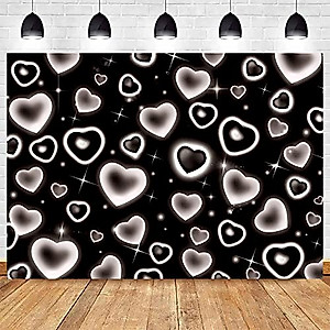 VOUORON 7x5ft Early 2000s Backdrop for Black Heart Party Photography Backdrops Glitter Heart Sweet 16 Happy Birthday Photo Background Wall Decor Valentines Day Photoshoot Banner