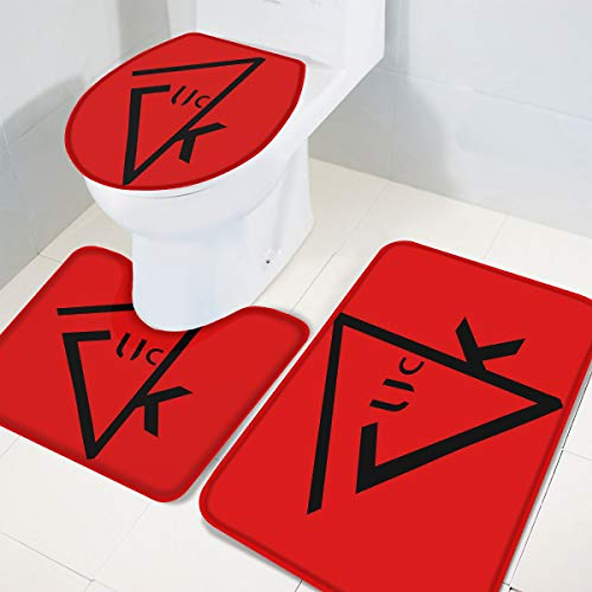 GreaBen 3PC Memory Foam Bath Mats, Fuck Black and Red Pattern Rug Sets Design with Non-Slip Shower Bathroom Mat, Contour Toilet Lid, U-Shaped Rugs for Bathroom, 18"x30"+14"x18"+15"x18"