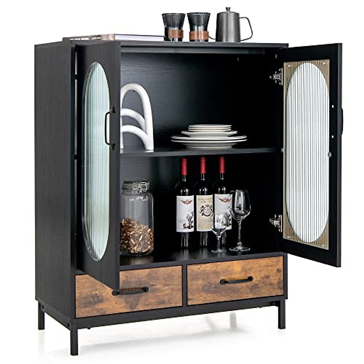 LOKO Buffet Cabinet with Storage, Kitchen Sideboard Cabinet with Tempered Glass Doors and Drawers, Industrial Style Cupboard Credenza Storage Cabinet, 31.5 x 16 x 39.5 inches