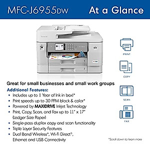 Brother MFC-J6955DW INKvestment -Tank Color Inkjet All-in-One Printer with Wireless, Duplex Printing, 11” x 17” Scan Glass and Up to 1-Year of Ink in-Box