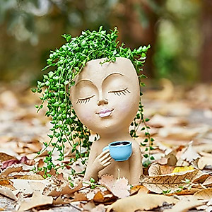 Face Planters Pots Head Planters for Outdoor Plants, Funny Cute Resin Coffee Girl Face Succulent Pots Planter Cactus Planter with Drainage Hole Closed Eyes for Indoor&Outdoor Planter (Style#477A1)