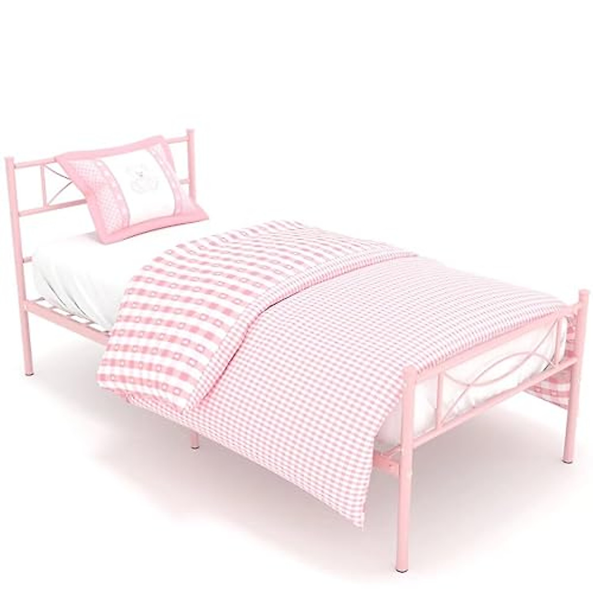 Pink Twin Bed Frame for Girls, Bed Mattress Foundation Support with Headboard and Footboard No Box Spring Need Metal Platform Bed