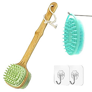Back Scrubber for Shower with 2 in 1 Bath and Shampoo Brush, Bath Brush Dual-Sided Long Handle Back Scrubber Body Exfoliator for Wet or Dry Brushing (Green)