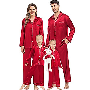 SWOMOG Womens Silk Satin Pajamas Set Long Sleeve Loungewear 2 Piece Sleepwear Button Down Casual Pj Set Red