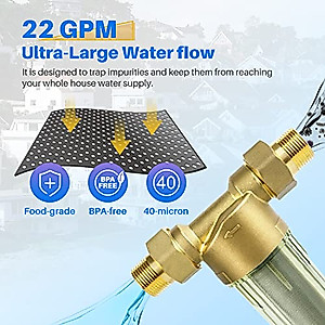GOLDEN ICEPURE 40 Micron Spin Down Water Filter, Whole House Spin Down Sediment Water Filter with Scrapper, Reusable Flushable Pre-Filtration System, 1" MNPT + 3/4" FNPT + 3/4"MNPT, BPA Free