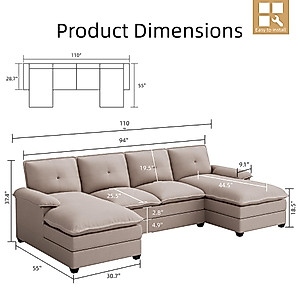 JAMFLY Sectional Couches for Living Room, U-Shaped Couch 4 Seat Sofas with Double Chaises, Modular Sectional Sofa Set for Apartment Furniture for Apartment, Dark Beige