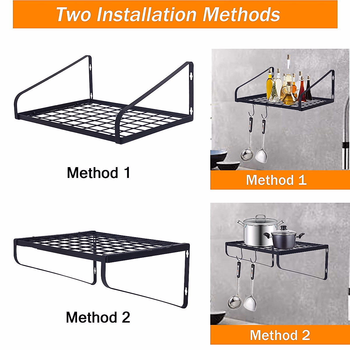 ZHOHO TANT Hanging Pot Rack Pot Pan Rack Wall Mounted Pan and Pot Hanger with 8 Hooks for Kitchen Cookware Utensils 2 DIY Methods Black Steel Pan and Pot Hanging Organizer