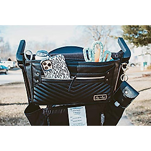 Itzy Ritzy Adjustable Stroller Caddy - Stroller Organizer Featuring Two Built-In Pockets, Front Zippered Pocket & Adjustable Straps To Fit Nearly Any Stroller, Black with Gold Hardware