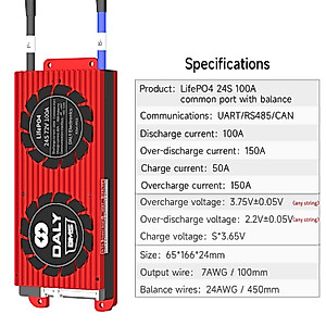 DALY Smart BMS LiFePo4 24S 72V 100A PCB Battery Management System with UART Communication CAN 485 Bluetooth Battery Monitoring Module for 18650 Battery Pack(Smart BMS+RS485+CAN,100A)