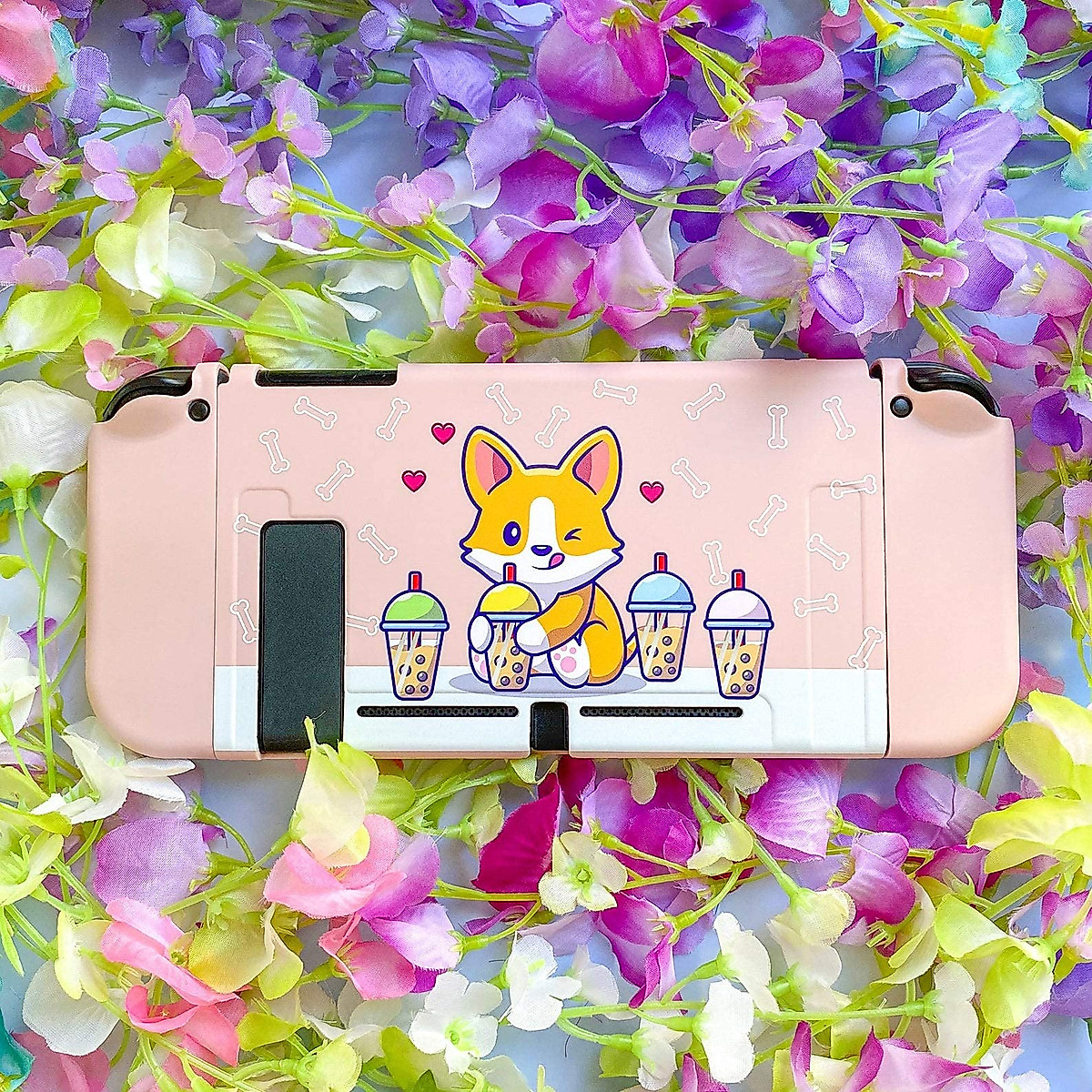 BelugaDesign Corgi Boba Switch Bundle | Cute Kawaii Dog Bubble Tea Pastel Pet Case | Cover Shell with Thumb Grips Compatible with Nintendo Switch (Switch Standard, Pink)