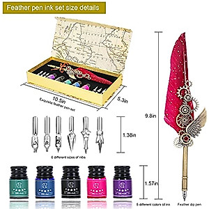 NC Feather Calligraphy Set, Quill Pen Ink Set Includes 5 Bottles of Ink and 6 Replaceable Stainless Steel Nibs, Calligraphy Pen for Writing, Writing Letters, Signing Invitations Etc (Red)