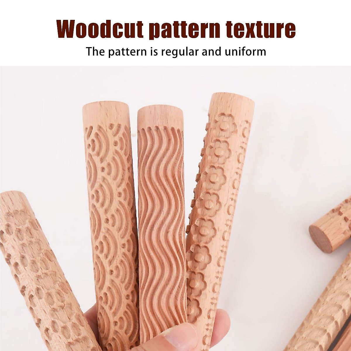 6Pcs Clay Modeling Pattern Rollers, Large Texture Rollers for Clay Wooden Handle Pottery Tools Snowflakes Stars Wood Wave Pattern Clay Rolling Pottery Ceramic Carved Tools for DIY Handcrafts (B)