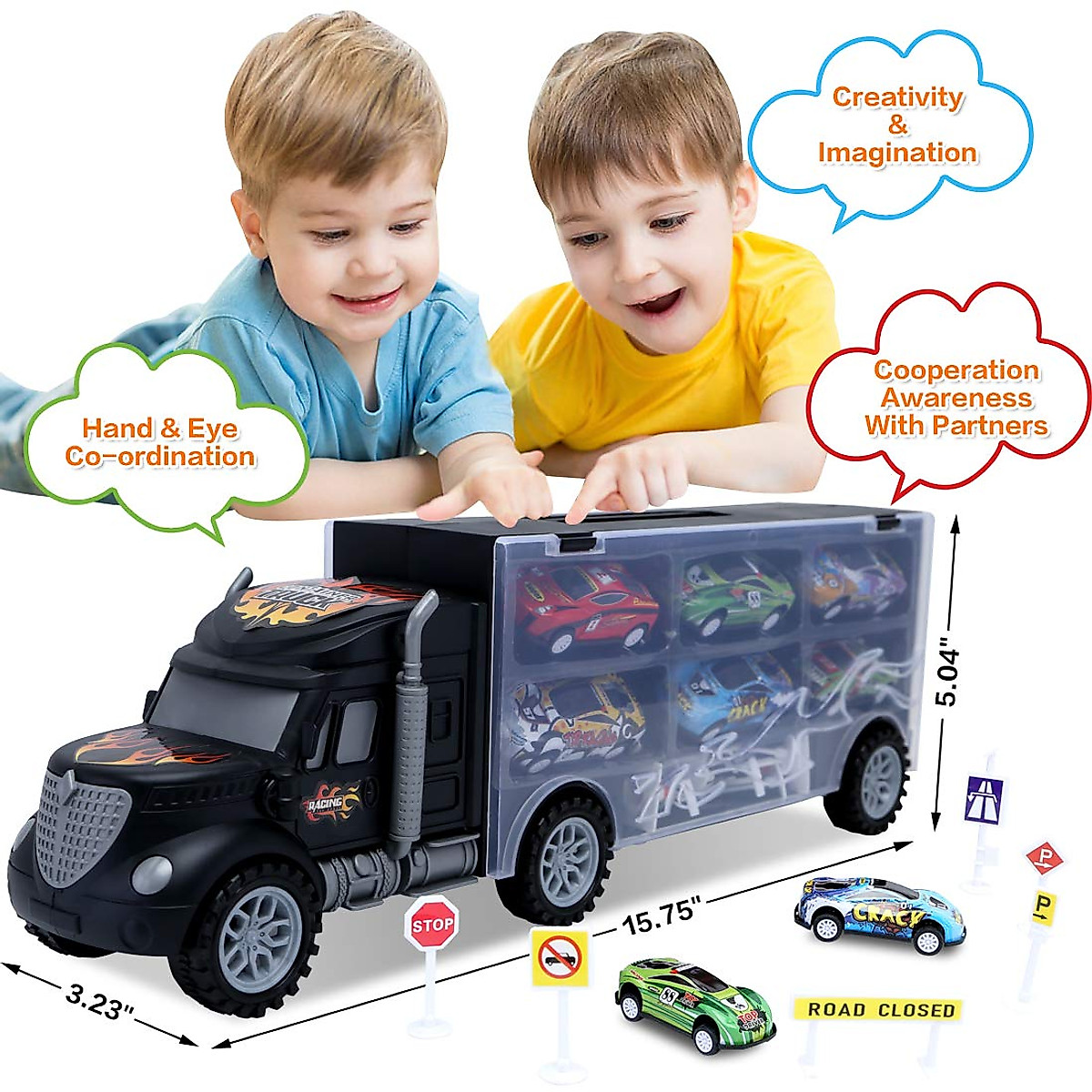 HAENPLE Toddler Toys for 3-5 Year Old Boys,Cars Truck Toys Transport Carrier Set,Valentines Day Gifts for Kids,Die-cast Vehicles Includes 12 Mini Toy Cars Easter Gifts for Kids Boy Age 3-7
