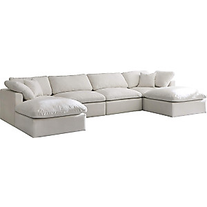 Meridian Furniture 602Cream-Sec6B Plush Collection Contemporary Down Filled Comfort Overstuffed Velvet Upholstered Modular U-Shaped Sectional 4-Seater and 2 Ottomans Cream