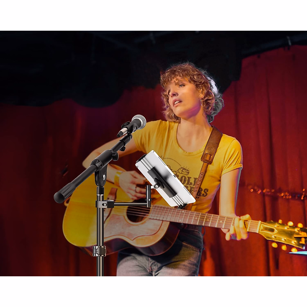 elitehood Newest Aluminum iPad Holder for Mic Stand, Side Mount iPad Music Stand Holder for Microphone, 360° Swivel Tilt Adjustable Mic Stand Tablet Holder for iPad, iPhone and More 4-13in Tablet